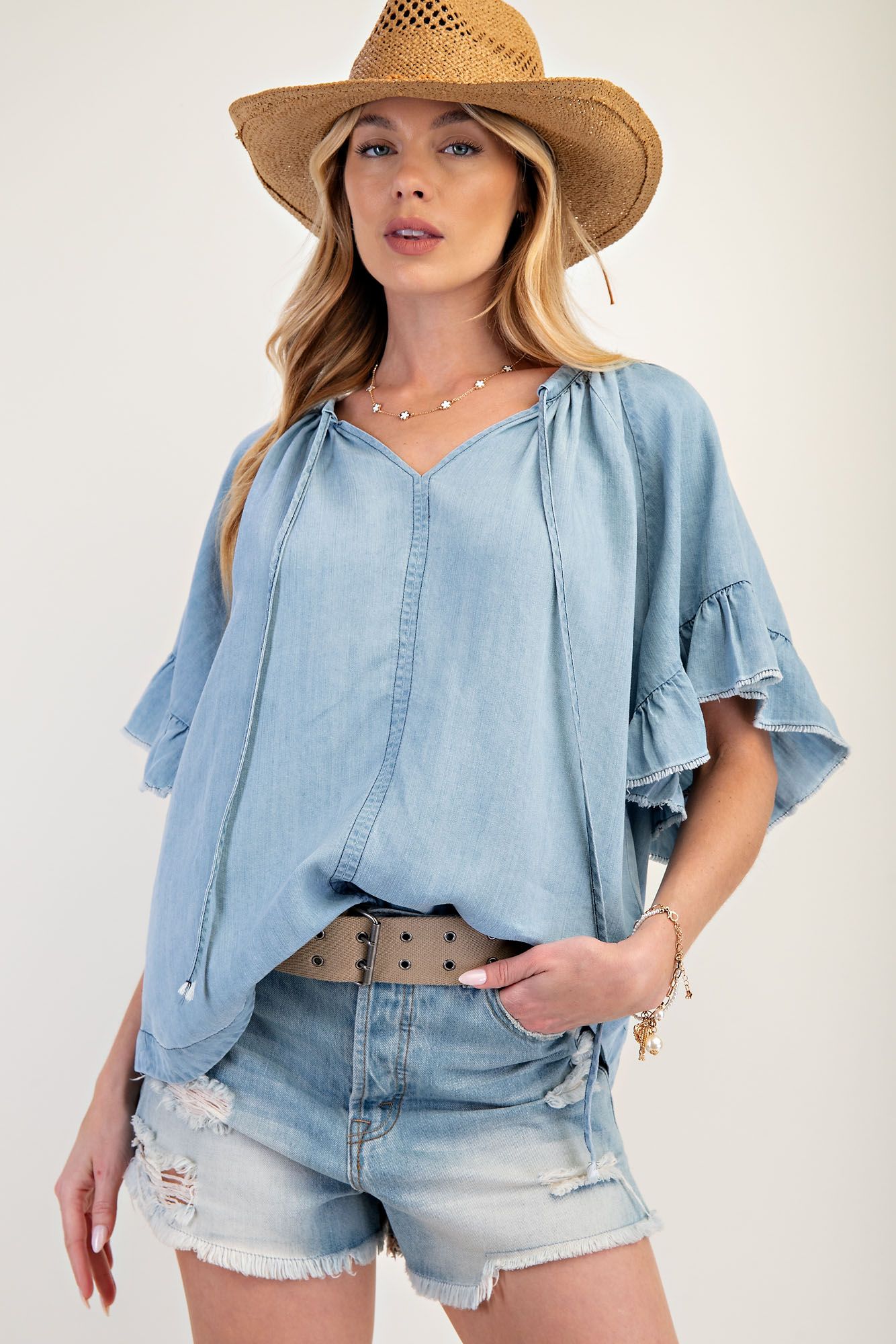 Washed Chambray Woven Top – Meriwether Marketplace